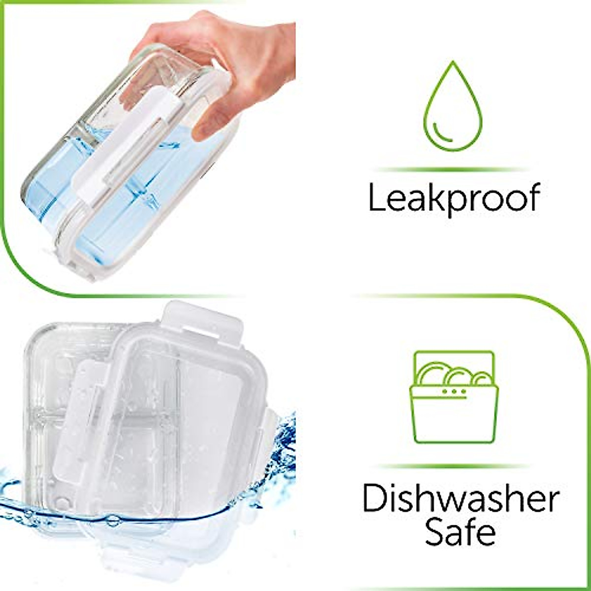 PrepNaturals Glass Meal Prep Containers Glass Food Storage Containers with Lids - 2 Compartment Glass Lunch Containers (10 Pack) Glass Storage Containers with Lids Glass Containers for Food Storage