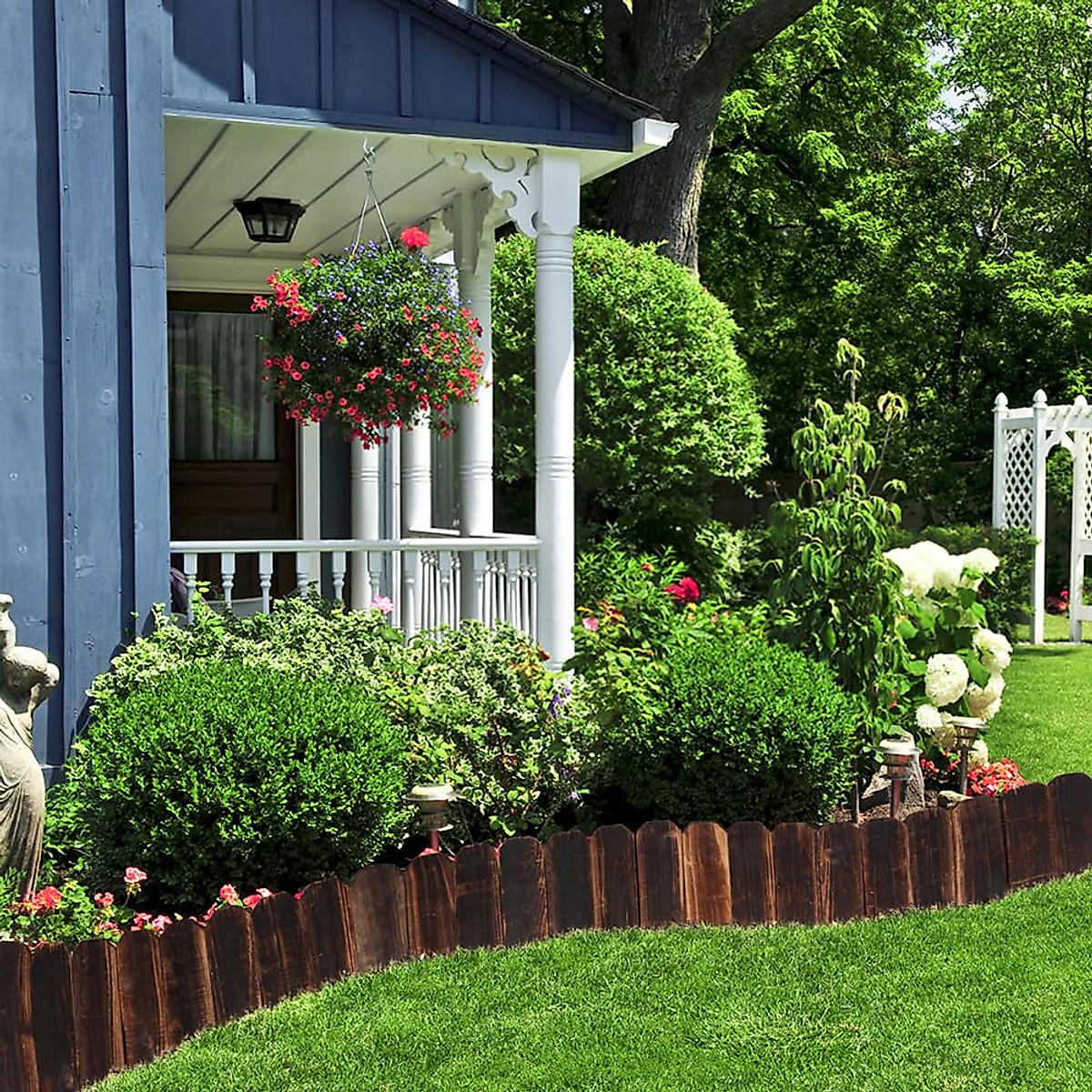 Newflager Garden Wooden Fence Anti-Corrosive Outdoor Landscape Edging Flexible Decorative Border with a Pair of Gloves for Garden Yard Flower Tree Fence - 7.9'' H x 47'' L