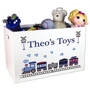 My Bambino Personalized Dinosaur Toy Box for Boys Custom White Wooden Theme for Kids Bin Child Safe with No Lid Storage Playroom Nursery (Train)
