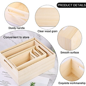 Aodaer 5 Packs Unfinished Wood Box Wood Crates Cutout Handles DIY Decorative Nesting Wood Box Treasure Box for Crafts, Decoration, Storage (Natural)