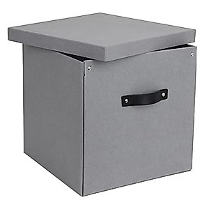 Bigso Logan Storage Box KD | Storage Cubes with Lid for Shelves and Cubical Room Organizers | Collapsible Storage Cube with Leather Handle for Organization | 12.4’’ x 12.4’’ x 12.2’’ (Grey)