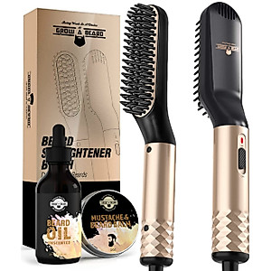 Beard Straightener for Men, Plus Beard Growth Oil & Beard Balm Conditioner, Upgraded Ionic Beard Straightening Comb, Heated Hair Brush, Perfect Christmas Gifts for Men, Beard Guide E-Book Included