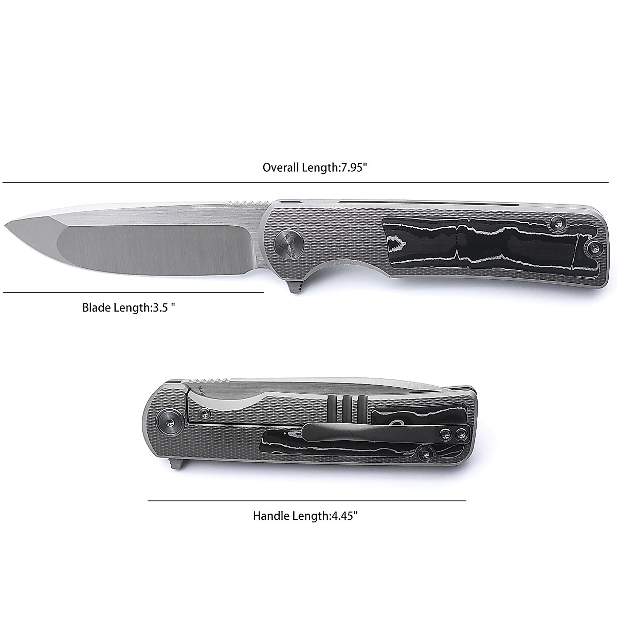 AMEIGHT KNIVES Kermu Flipper Folding Knife,3.5" Hand Hollow Ground Rubbed Satin M390 Blade Titanium Handle With Silver Carbon Fiber Inlay,Camping Hiking Pocket Knife AM8-008SR