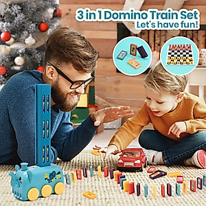 O WOWZON 3 in 1 Automatic Domino Train Toy-140 PCS Building and Stacking Electric Running Toys Light & Sound Trains, Colorful Fun Stickers and Chess Game,Storage Bag,Gift for Boys Girls kids