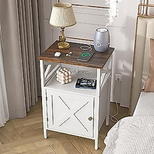 LDTTCUK Side Table with Charging Station, End Table with Power Outlet & USB Ports, Nightstand with 2 Tiers Storage Space and Storage Cabinet, Sofa Side Tables for Bedroom, Living Room,Office,White
