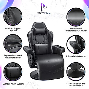 Homall Computer Racing Style Pu Leather Ergonomic Adjusted Reclining Video Gaming Single Sofa Chair with Footrest Headrest and Lumbar Support (Black)