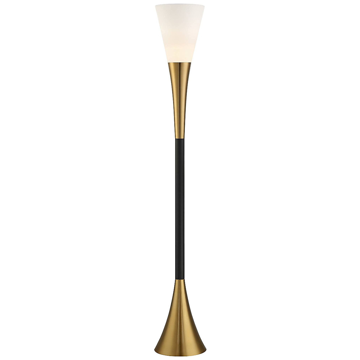 Possini Euro Design Piazza Mid Century Modern Glam Style Torchiere Floor Lamp 72.5" Tall Black Antique Brass Metal White Glass Shade for Living Room Reading House Bedroom Home Office