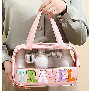CRUOXIBB Chenille Letter Patch Clear PVC And PU leather Large Travel Makeup Toiletry Storage Bag Waterproof Makeup Tote Bag for Women (Travel-Pink)