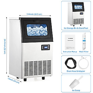 Commercial Ice Maker Machine, 110Lbs/24H, Ice Machine with 18LBS Ice Storage Capacity, Ice Maker Machine with Auto Self-Cleaning, Each Tray Can Make 36 Pcs of Ice for Home/Bar/Hotel/Restaurant
