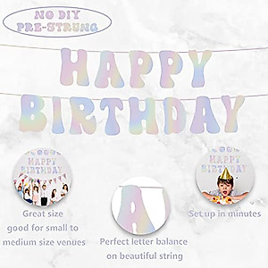 KIDZVEFUN Happy Birthday Decorations, Iridescent Banner and Smile Face for Birthday Party Disco Silver Cool Stranger Things Supplies Favor 21st 30th 40thBday Decorations for Women(Iridescent Happy Birthday)