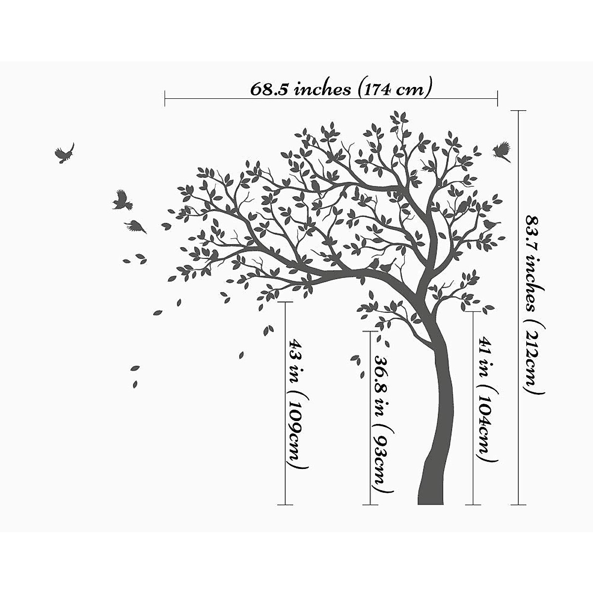 Studio Quee Large Tree Wall Decals Nursery Tree Stickers with Birds Stunning Tree Wall Art Mural Vinyl Wall Decor KW032 (Leaning Left, All in Black)