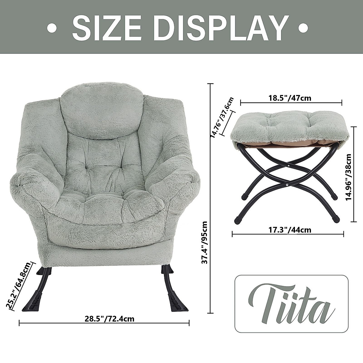 Tiita Lazy Chair with Ottoman, Modern Large Accent Lounge Chair, Leisure Sofa Armchair with Ottoman, Reading Chair with Footrest for Bedroom, Living Room, Dorm Rooms, Garden and Courtyard