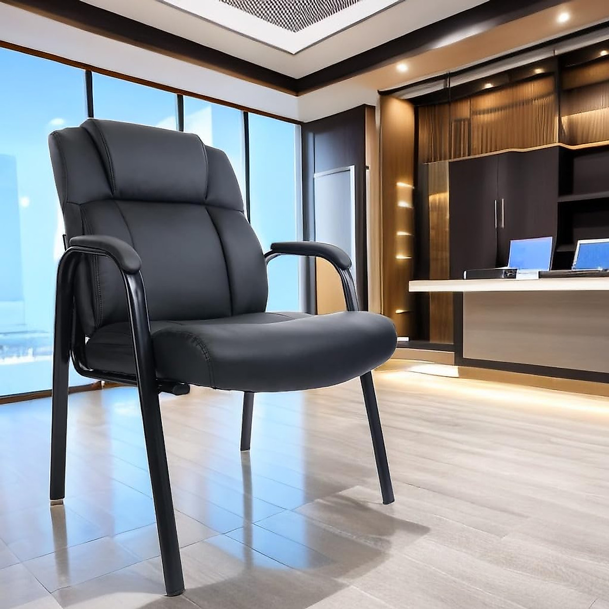 CLATINA Big and Tall Office Chair 400lbs Leather Reception Chair with Bonded Padded Armrest Wide Seat Desk Chair No Wheels for Reception Conference Waiting Room Side Office Home Black