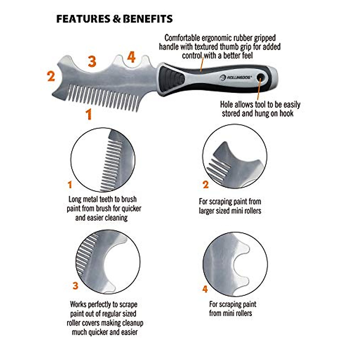 ROLLINGDOG 4 in 1 Paint Brush Comb - Paint Brush&Roller Cleaner Tool