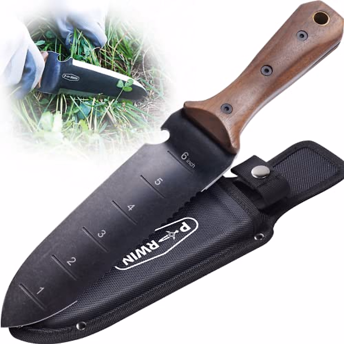 PERWIN Hori Hori Garden Knife, Garden Tools with Sheath for Weeding,Planting,Digging, 7" Stainless Steel Blade with Cutting Edge, Full-Tang Wood Handle with Hanging Hole