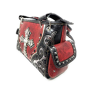 Premium Rhinestone Cross Cut Out Western Embroidered Womens Concealed Carry Handbag With Matching Wallet in 5 colors (Red)