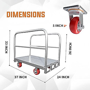 2in1 Steel Panel Truck Cart, Flatbed Cart Heavy Duty Drywall Cart Lumber Cart, Platform Trucks with 2000 lbs Capacity and 2 Swivel Casters, 37" x 24" Push Cart with 1Front and 2 Side Handrails