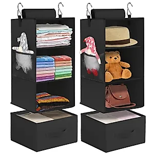 punemi 2 Pack 3-Shelf Hanging Closet Organizer and Storage, Hanging Closet Storage Organizer with Drawers, Foldable Hanging Shelves for Closet, Wardrob, 22.8" D x 11" W x 11" H, Black