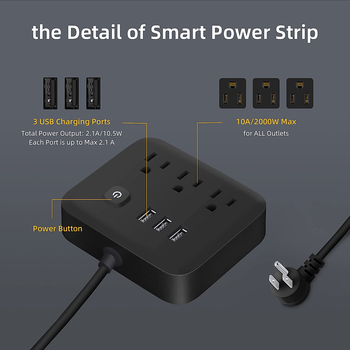 Power Strip 3 AC Outlets and 3 USB Charging Ports with Night Vision Light,Desktop USB Charging Station 4Ft Extension Cord,Flat Plug,Overload Protection for Home,Office,Travel,Cruise Ship,Dorm