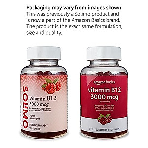 Amazon Basics Vitamin B12 3000 mcg Gummies, Normal Energy Production and Metabolism, Immune System Support, Raspberry, 100 Count (2 per serving) (Previously Solimo)