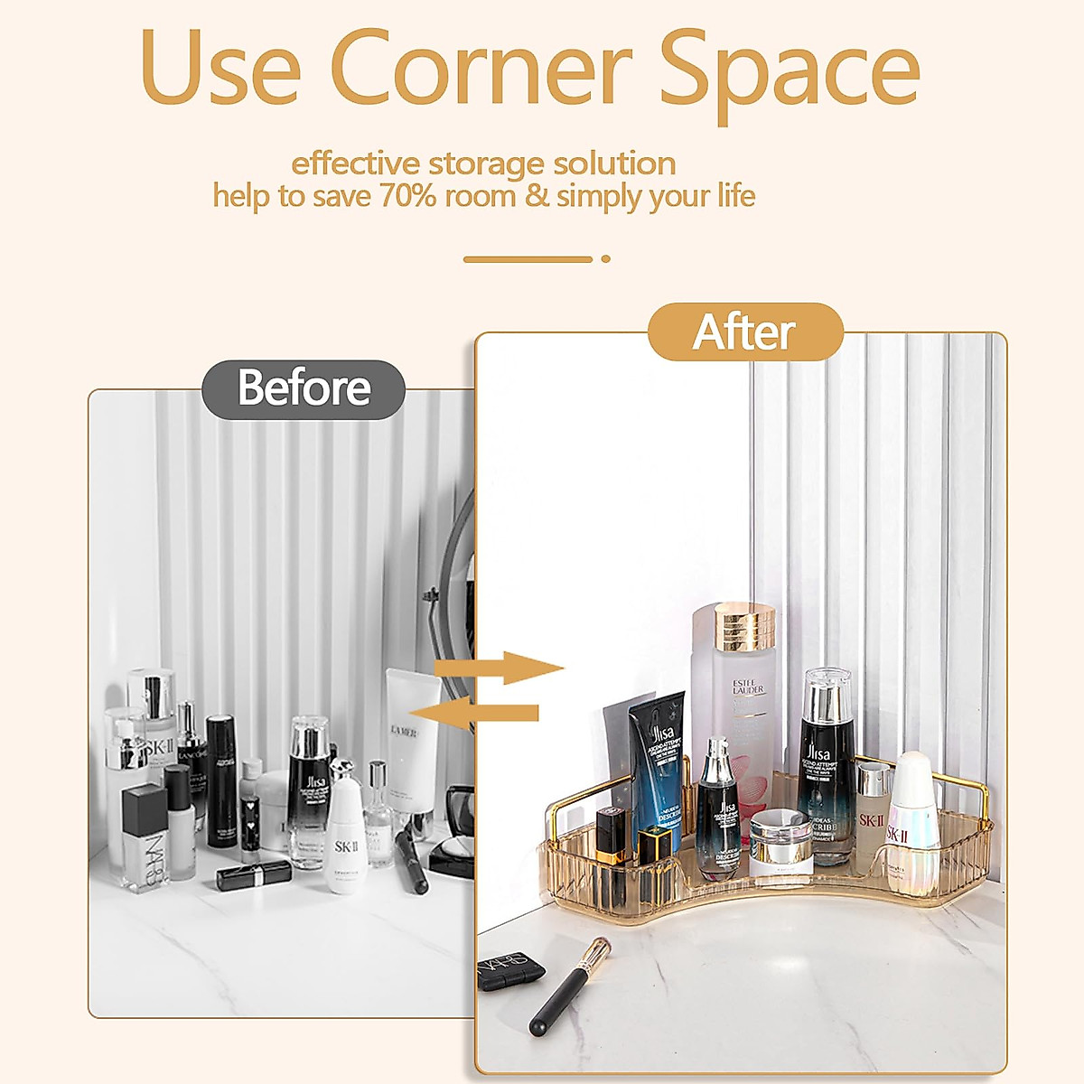 hxbigjin 90° Corner Bathroom Counter Organizer,Vanity Trays for Skincare Makeup Storage Shelf，Perfume and Cosmetic Dresser Organizer,Countertop,Kitchen Spice Rack (Champagne,1 Tier)