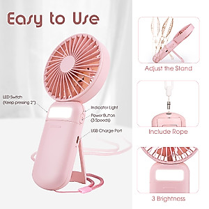 decorneo Portable Handheld Fan with Makeup Lights, Mini Fan Rechargeable Quiet 3 Speed Necklace Fan, USB Desk Fan with Stand,Small Hand Held Fan, Gift for Women Travel Outdoor Indoor - Pink