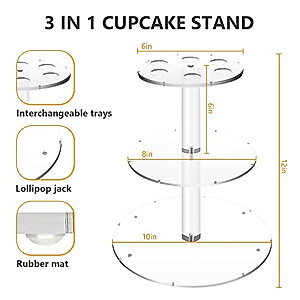 HURZMORO 3 Tier Round Acrylic Cupcake Tower Stand for 24 Cupcakes, Dessert Stands with LED String Light,3 in 1 Ice Cream Lolliopop Cupcake Display for Birthday Wedding Graduation Baby Shower Tea Party
