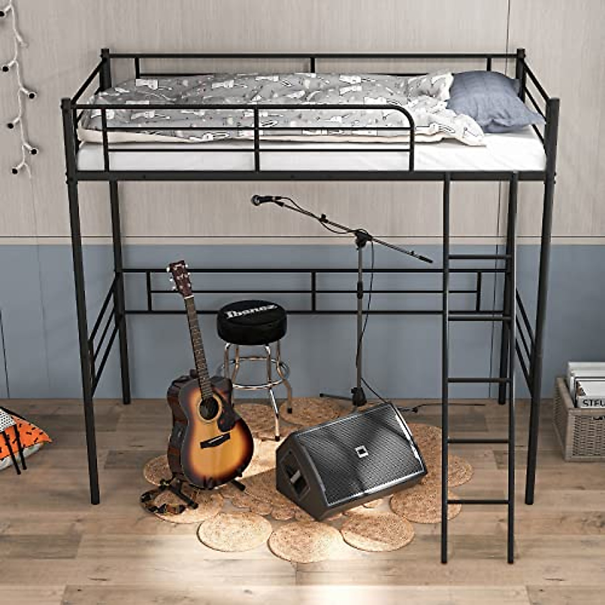 Giantex Metal Loft Bed Twin Size for Juniors & Adults, Loft Bed Frame with Ladder & Safety Guardrail, 61" Under-Bed Space, Space-Saving Twin Bed for Teens, No Box Spring Needed (Black)
