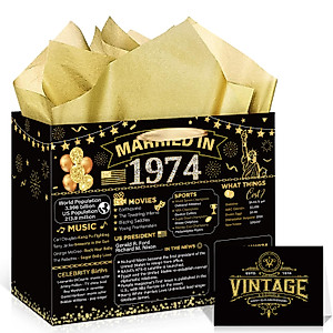 Black Gold Vintage 50th Anniversary Paper Gift Bag Married in 1974 Gift Bag with Tissue Papers and Card, 50th Wedding Anniversary Paper Gift Wrapping Bag for 50th Golden Wedding Anniversary Decor