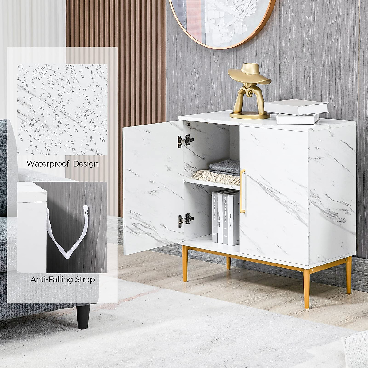 REHOOPEX Accent Cabinet with Door, Storage Buffet Cabinet White Marble, Modern Sideboard, Free Standing Cabinet, Wooden Side Storage Cabinets for Bedroom, Hallway, Entryway or Living Room, Home