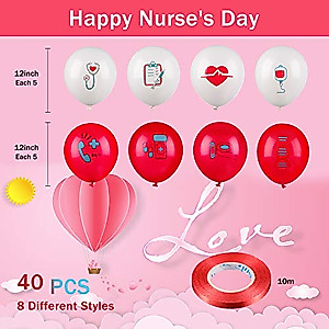 40 Pieces Nurse Balloons 12 Inch Red and White Nursing Latex Balloons Nurse Balloons Nurse Party Decoration Supplies Nurse Graduation Decoration Nursing Decoration