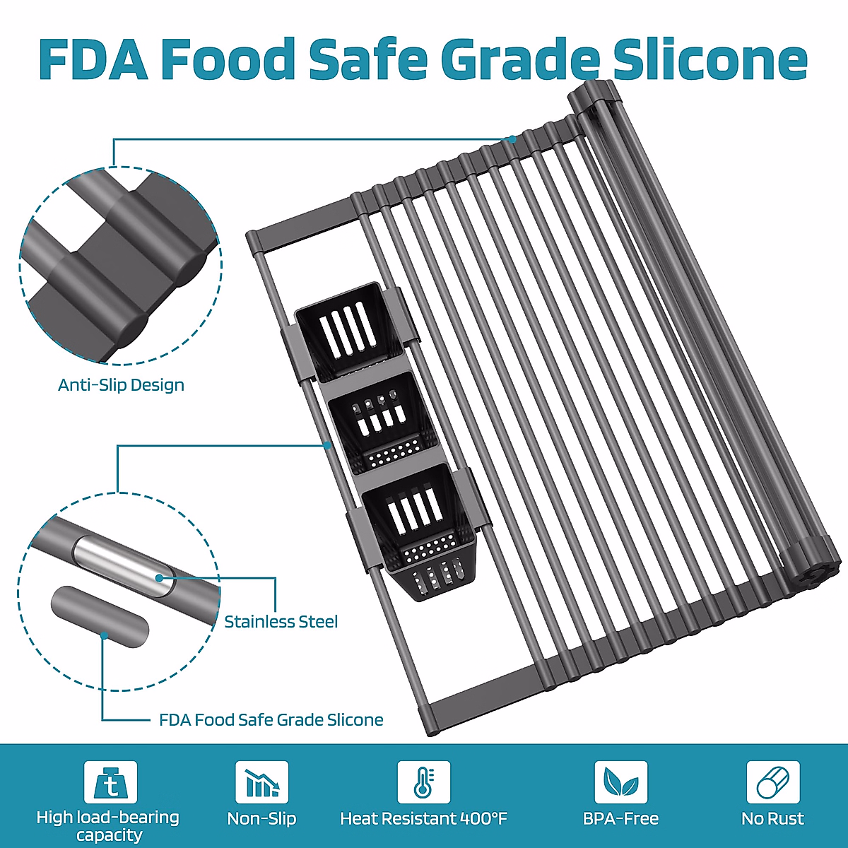 Roll Up Dish Drying Rack, Silicone Wrapped Over The Sink Multipurpose Foldable Dish Drainer Anti-Slip Dish Racks for Kitchen Counter, Sink Drying Rack Cover with Utensil Holder (Black, 17.3" x 17.6")