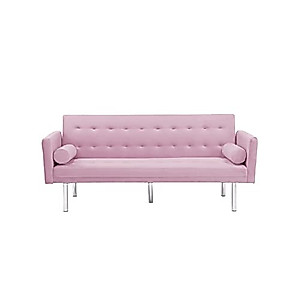 Eafurn 68.5”Futon Bed,Button Tufted Convertible Sleeper, 3-Seater Upholstered Loveseat Sofa & Couch with Adjustable Backrest and 5 Metal Legs for Living Room Bedroom Office, Pink