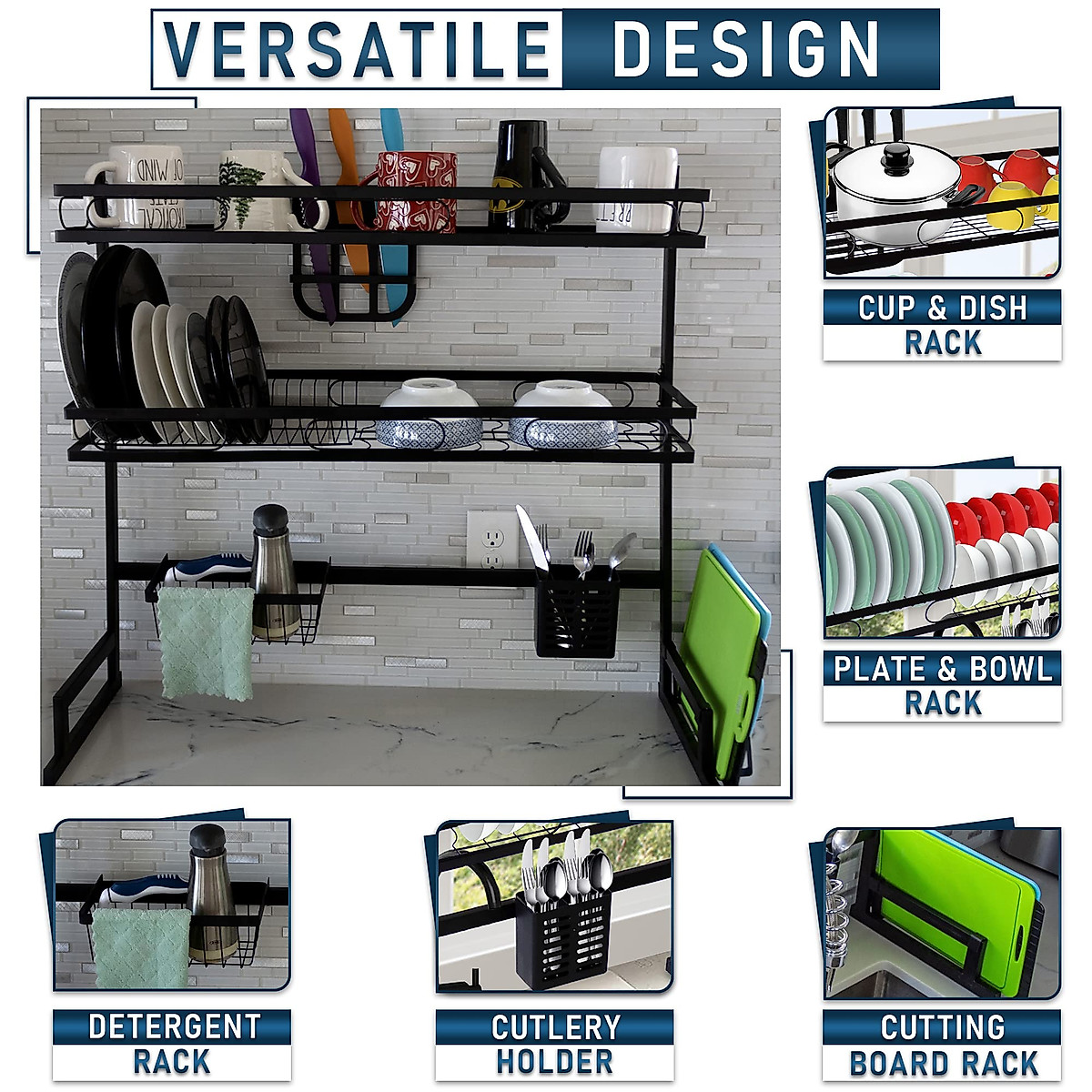 Ecomerr Over The Sink Dish Drying Rack (25.6" to 37.4" L) Adjustable - 3 Tier Stainless Steel Over The Sink Dish Rack with Sink Caddy, Utensil & Cutting Board Holder - Kitchen Counter Space Saver