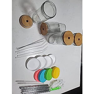 4 Pack Glass Cups Set - 24oz Mason Jar with Bamboo Lids and Glass Straw & 12 Airtight Lids, Brush - Boba Drinking Glasses, Reusable Travel Tumbler Bottle for Iced Coffee, Smoothie, Bubble Tea, Gift