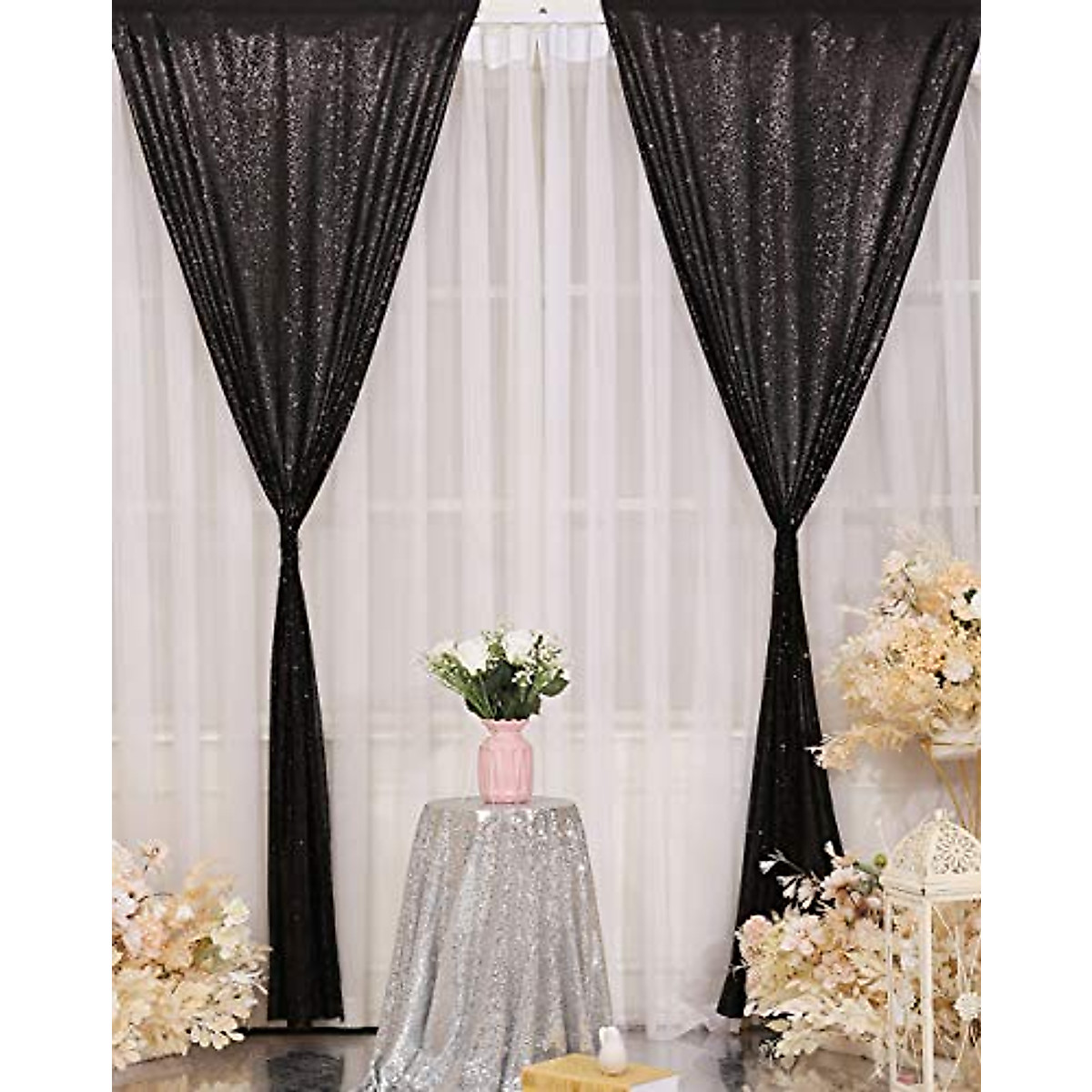 Poise3EHome Black Sequin Backdrop Curtains, 2 Panels Black Sequin Backdrop, 2FTx8FT Sequin Curtains for Party Halloween Christmas Sequence Backdrop