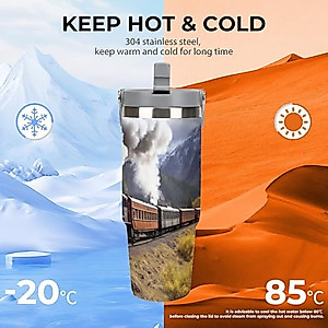 RTFGHJS Steam Locomotive Train 30 Oz Tumbler with Handle And Flip Straw, Stainless Steel Vacuum Insulated Travel Mug, Thermal Cup for Coffee, Water, Iced Drinks, Fits Car Cup Holders (Home, Sports)