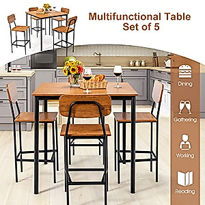 GOFLAME 5-Piece Dining Table Set for Small Space, Kitchen Table and Chairs Set for 4 with Steel Frame, Square Breakfast Table Set, Industrial Counter Height Table Set for Home, Restaurant & Cafe