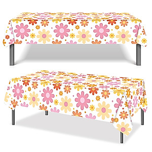 Augisteen Groovy Daisy Tablecloth Plastic Boho Flowers Table Covers Retro Hippies Flower Disposable Rectangle Tablecloths for 70s Boho Birthday Baby Shower Wedding Party 54 x 108 Inch, 2 PCS