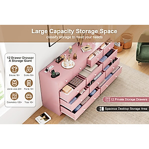 GarveeHome 12 Drawer Dresser for Bedroom, 61 Inch Wood Dresser with Power Outlet, Wide Dresser Chest of Drawers for Living Room, Hallway, Tall Dressers with Smooth Metal Rail, Large Storage, Pink