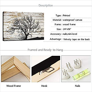 sechars - Black and White Tree in Sunrise on Rustic Wooden Background Canvas Print Winter Landscape Picture Canvas Prints Framed Ready to Hang Modern Living Room Home Ofiice Bedroom Wall Decor 24x36