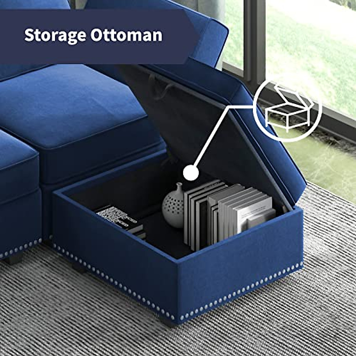 ZAFLY Sectional Sofa, 4 Seat Modular Comfy Couch with 4 Storage Ottomans, Convertible L Shaped U Shaped Couch Queen Sleeper Sofa with Adjustable Backrest Couches for Living Room(Blue)