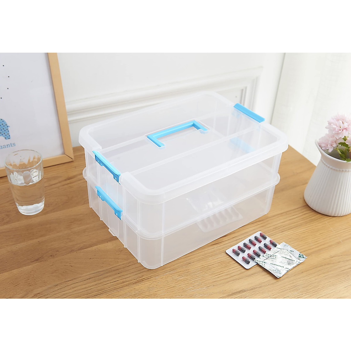 Yesland Large 2 Layer Stack & Carry Box - 13.75 x10 x 7.5 Inch Plastic Stackable Craft Storage Box Container with Handle - Portable Organizer Box for Stationery, Sewing, Art Craft, Jewelry,