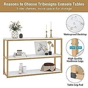 Tribesigns 3-Tier Console Table, Gold Sofa Entry Table with Faux Marble Top and Metal Frame for Home, Entryway, Hallway