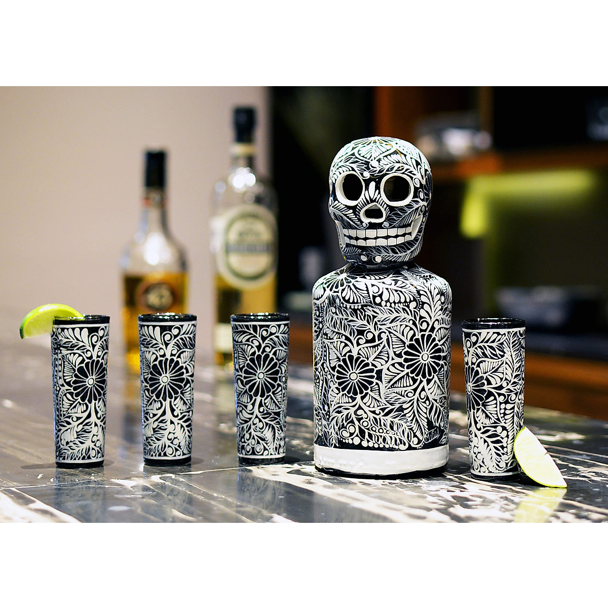 Tequila Decanter Set, Liquor Decanter with Shot Glasses and Mexican Sombrero, Hand-painted Decanter, Skull Decanter, Bar Decoration, Unique Tequila Gift, Gift For Dad, (Black Decanter Set)