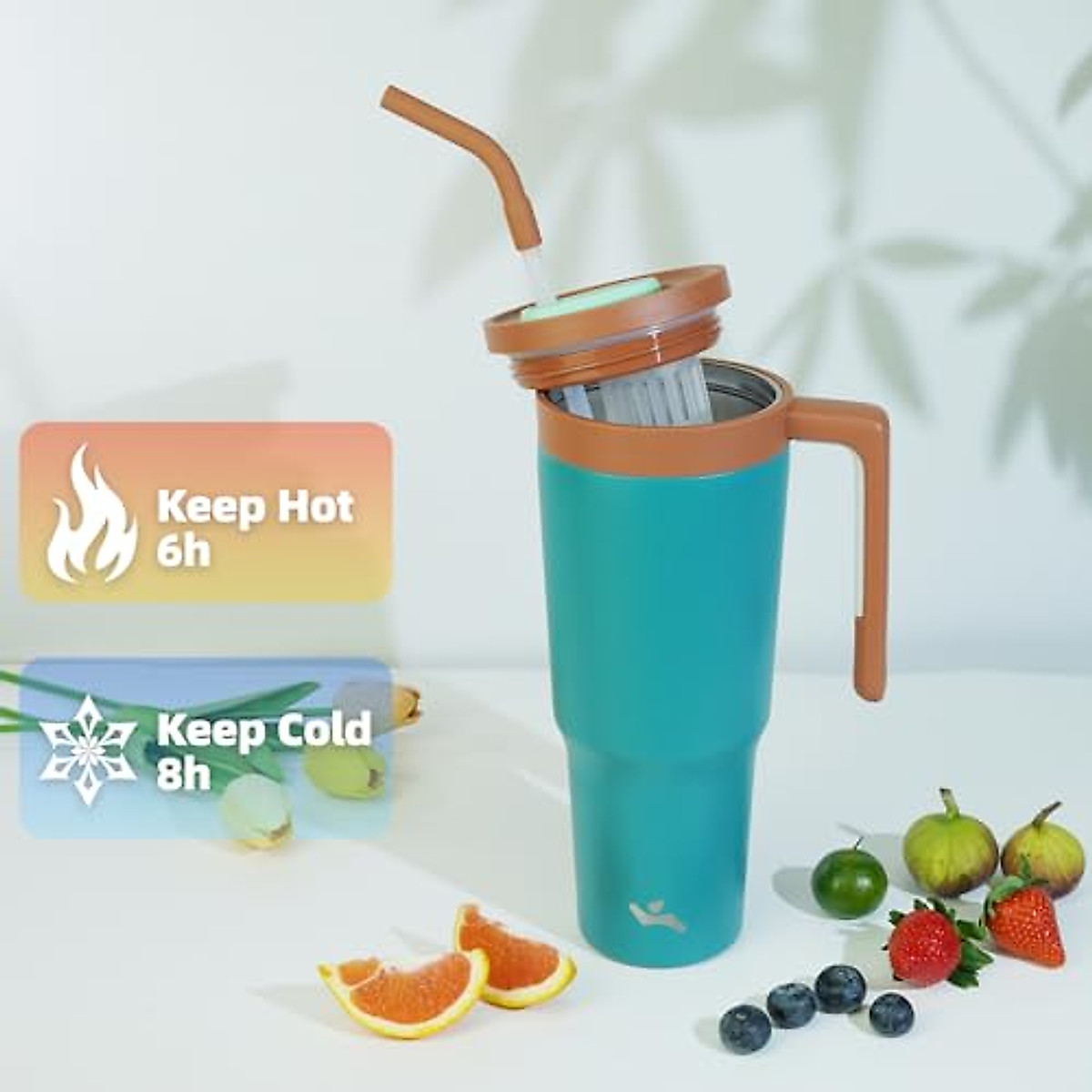 Konokyo Insulated Tumbler with Handle and Straw,40 OZ Vacuum Stainless Steel Water Bottle Travel Mug Metal Cup with Fruit Diffuser,Lake Blue