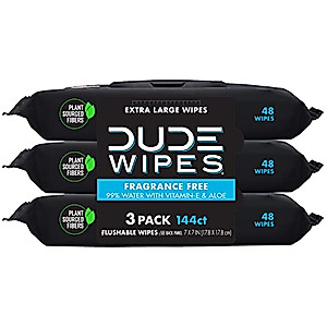 DUDE Wipes Flushable Wipes - 3 Pack, 144 Wipes - Unscented Wet Wipes with Vitamin-E & Aloe for at-Home Use - Septic and Sewer Safe