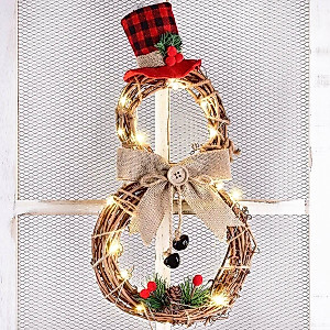 DearHouse 16 x 8 Inch Lighted Christmas Wreath Decoration, Grapevine Wreath with Hat and Bow Snowman Shape Wreath for Front Door Home Garden Wall Decor