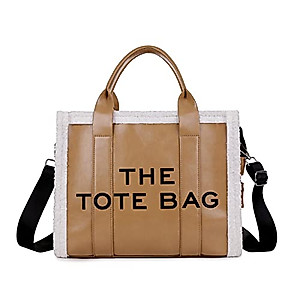 Tote Bag for Women, PU Leather Tote Bag with Lamb Wool, Shoulder Crossbody Bag for Work/Travel (Khaki)