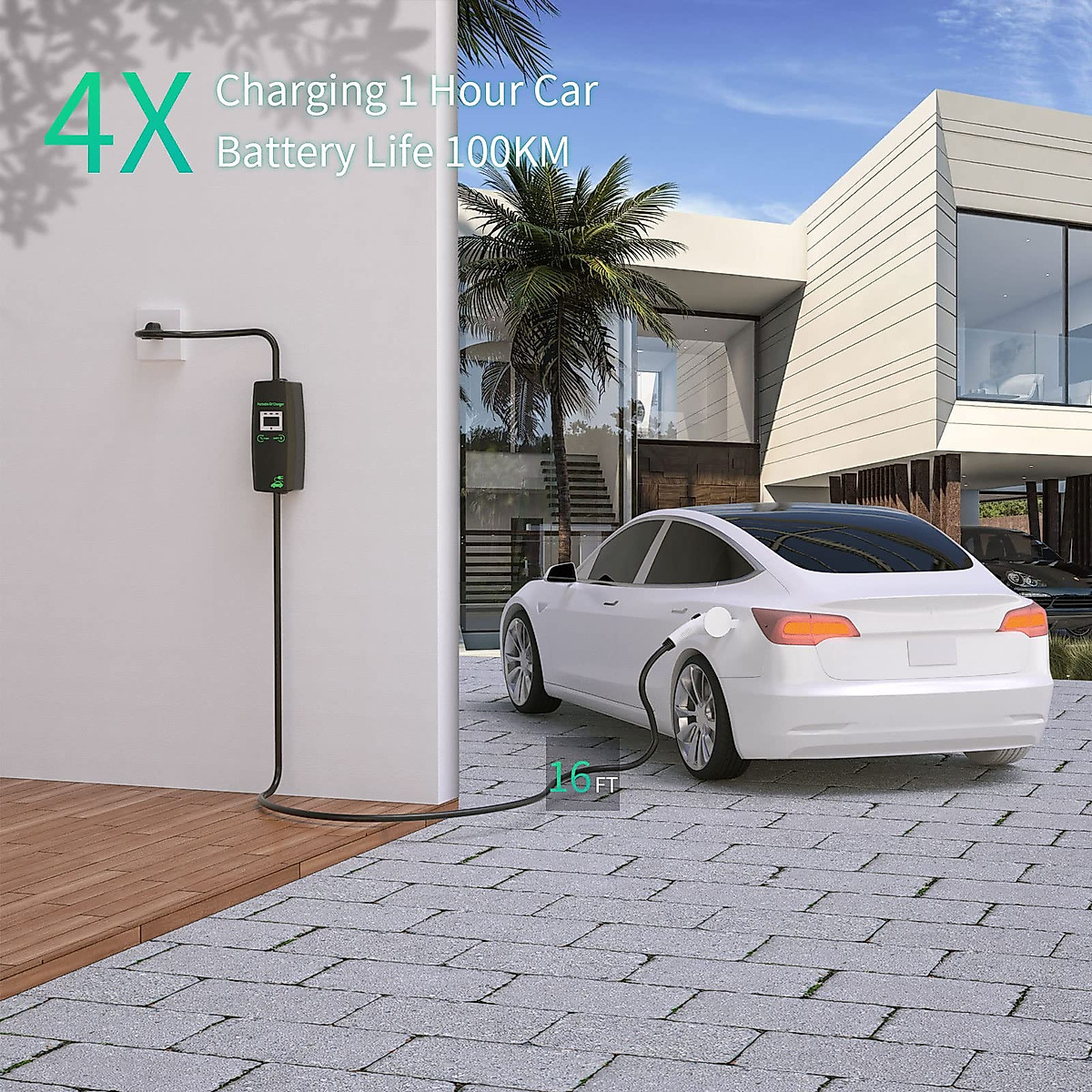 K.H.O.N.S. Portable EV Charger Level 2 J1772 6-20 Plug 16A/25FT Cable for Indoor and Outdoor Charing (G1S-5C)